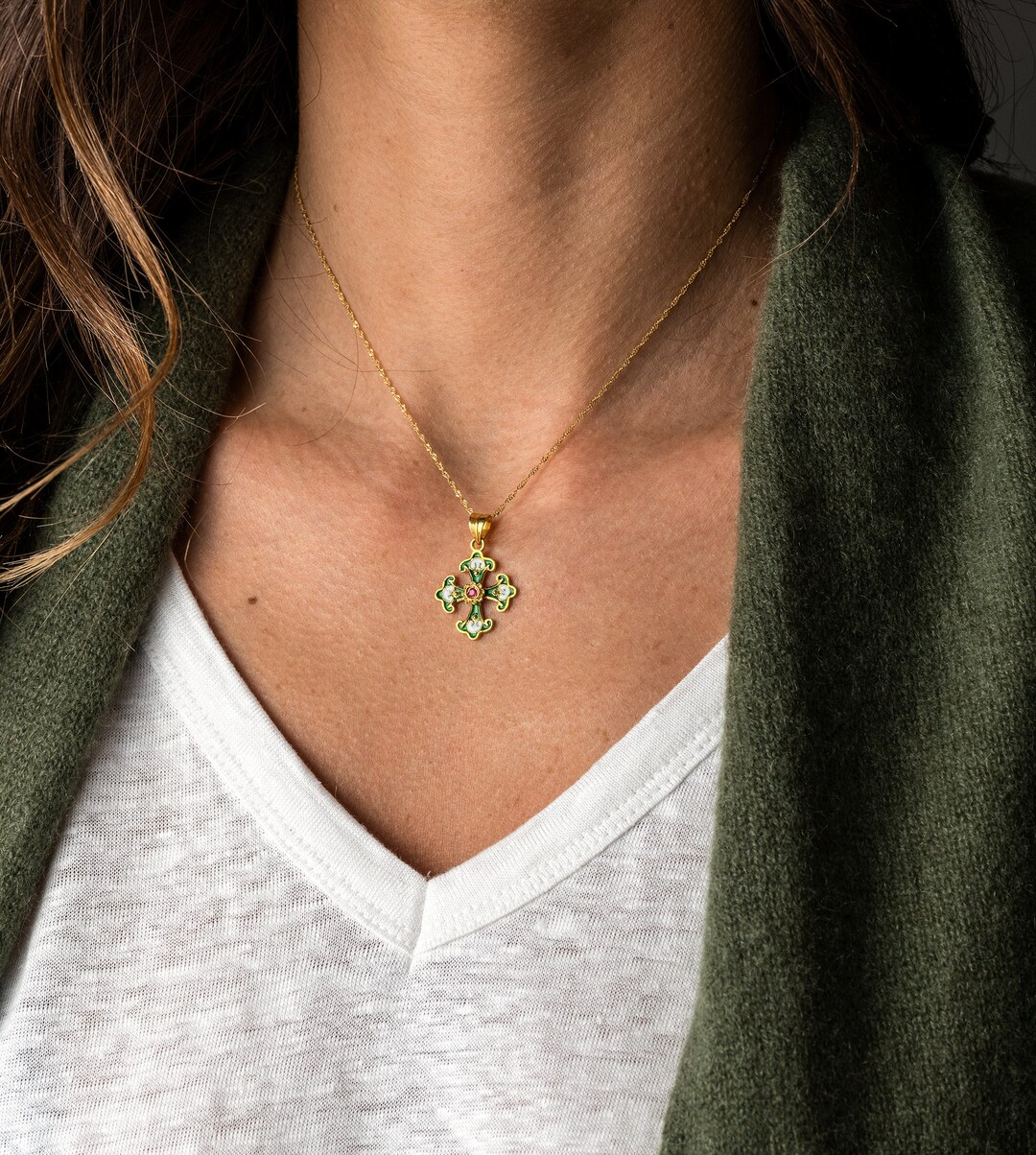 Gold Cross With Ruby, Byzantine Cross, 18K Gold Cross, Ruby Cross ...