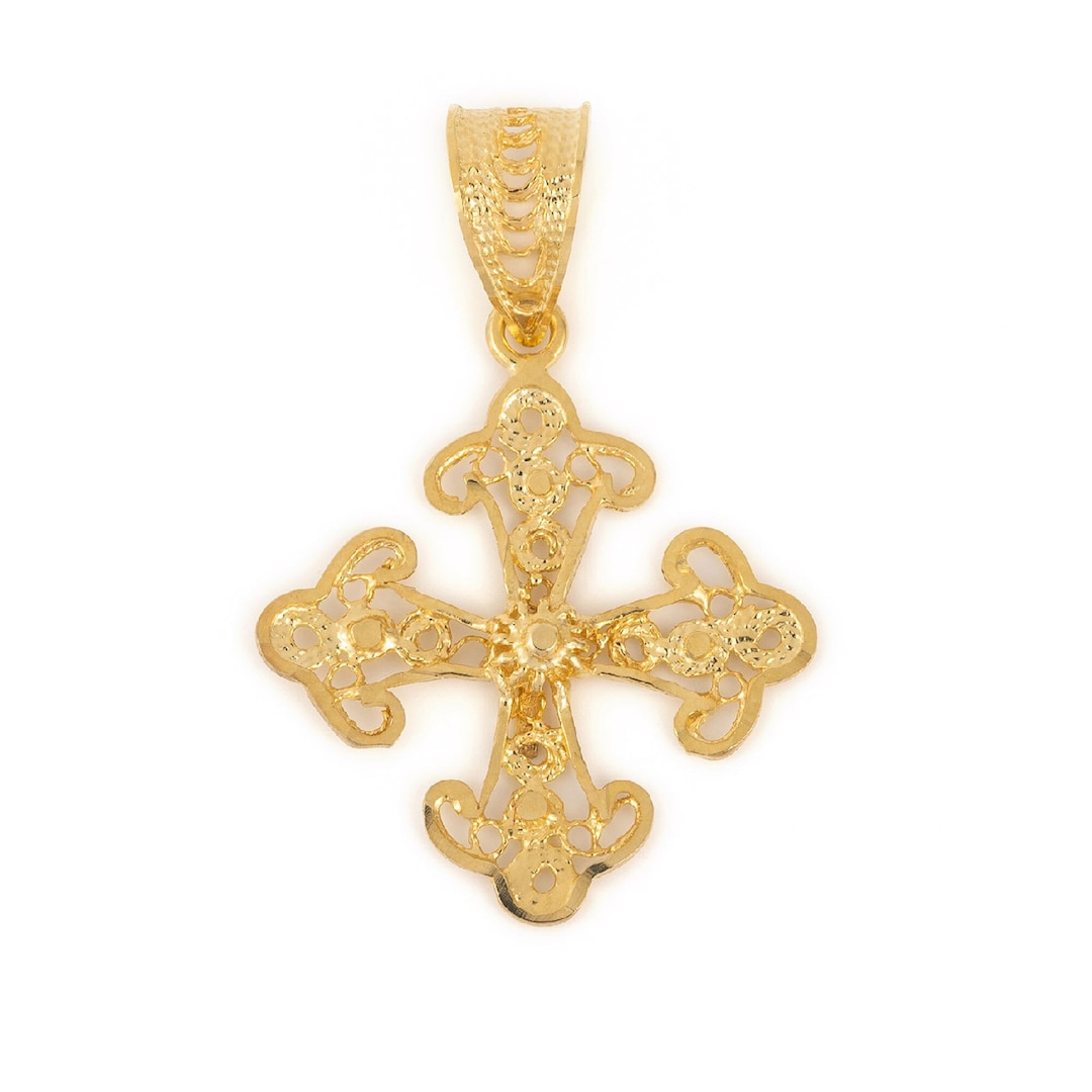 Byzantine 14K Gold Cross Pendant, Solid Gold Cross, Square Filigree ...