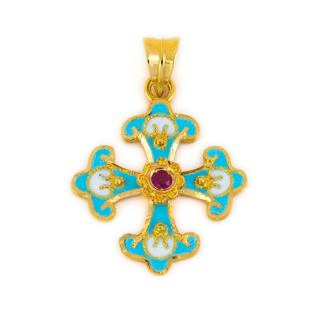 Gold Enamel Cross With Ruby, Byzantine Cross, 18K Gold Cross, Greek ...