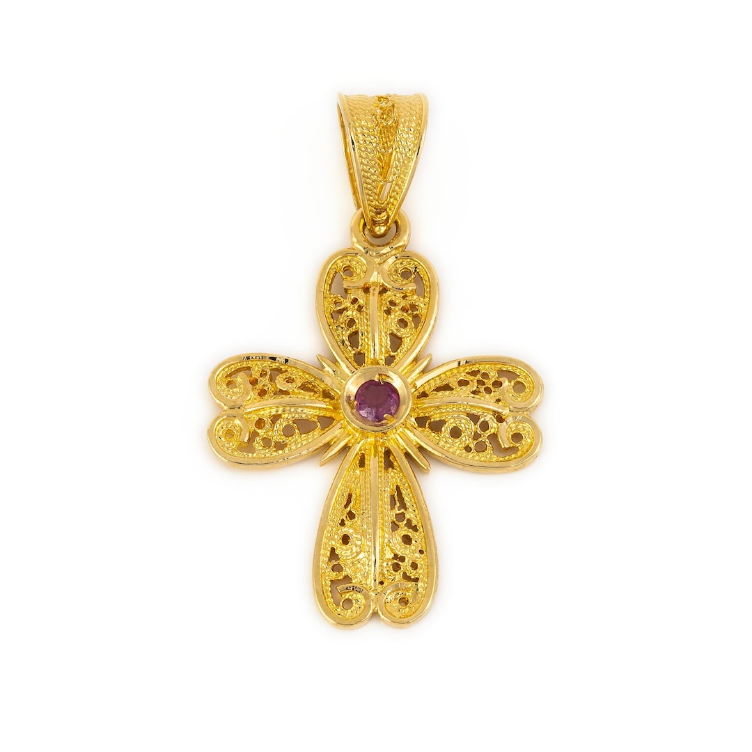 18K Gold Byzantine Filigree Ruby Cross, Byzantine Cross, Greek Orthodox ...