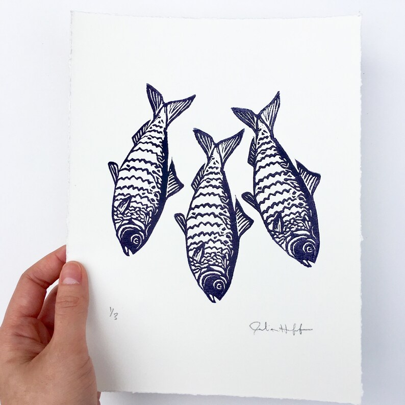 Three Fish Lino Print - Etsy