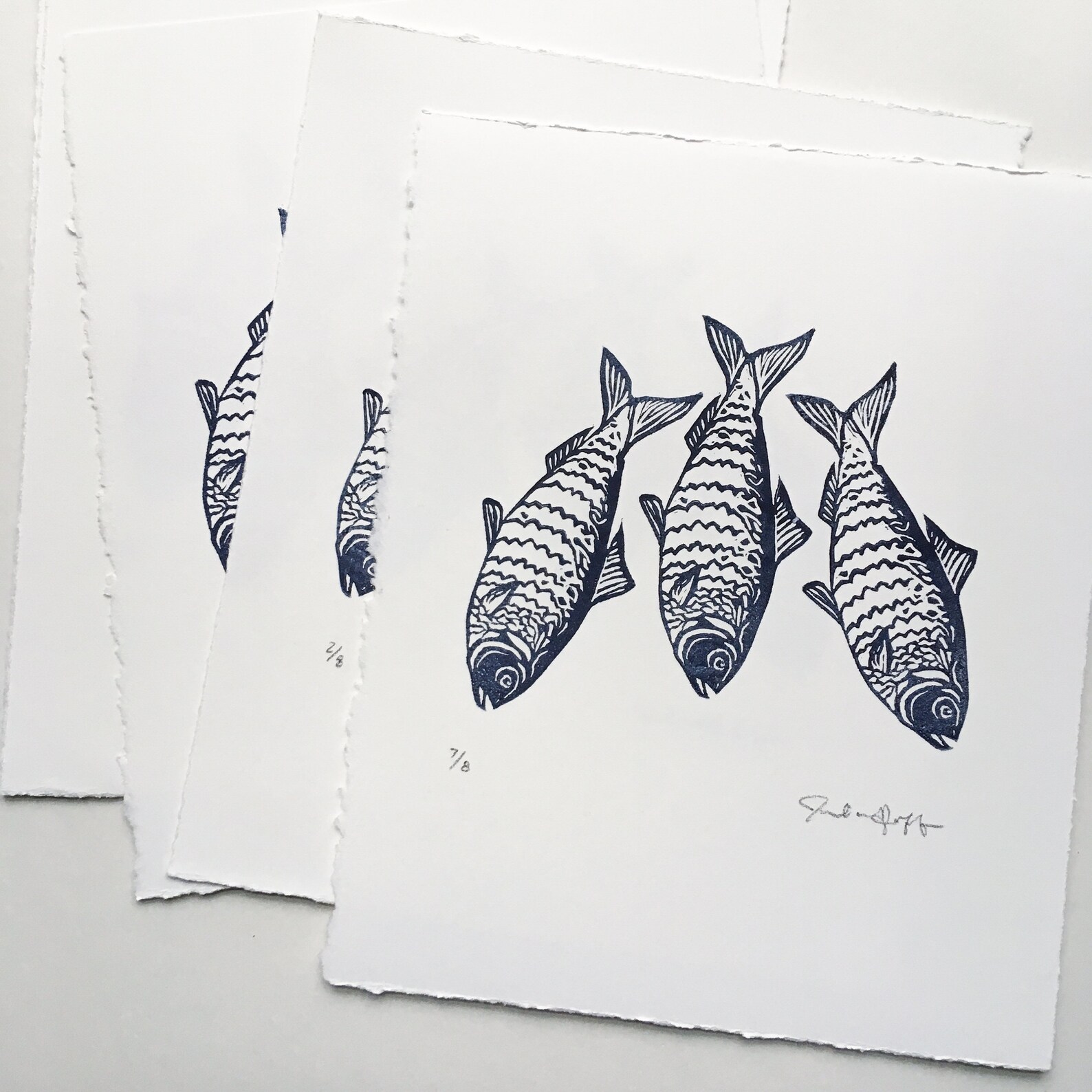 Three Fish Lino Print - Etsy