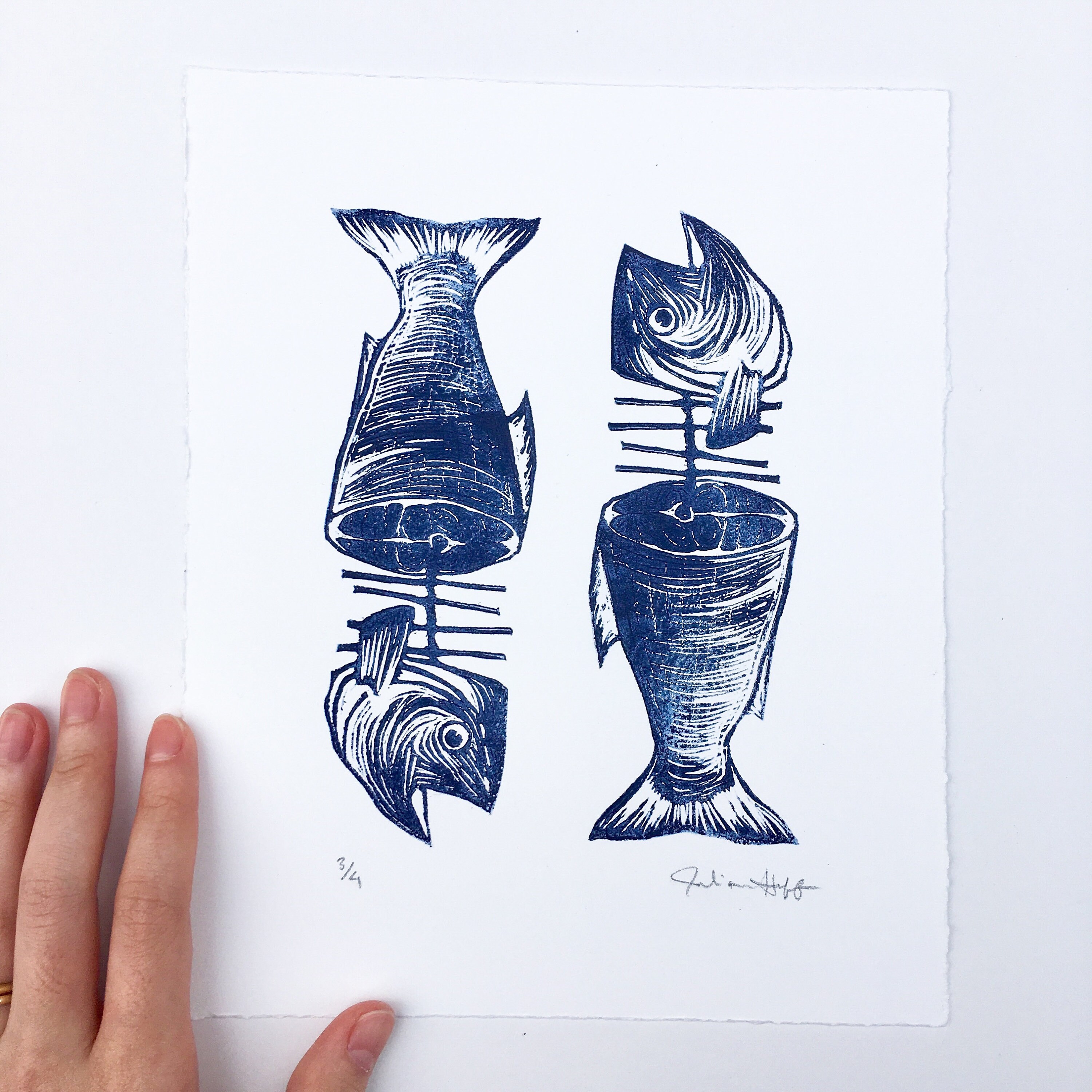 Double Fish Half Skeleton Lino Print - Etsy