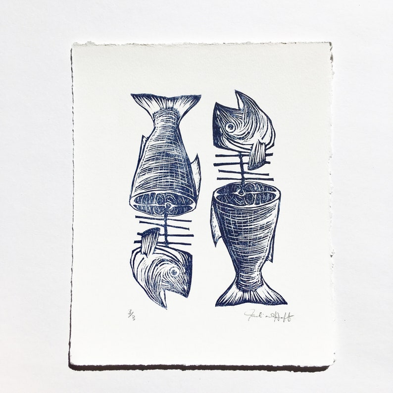 Double Fish Half Skeleton Lino Print - Etsy
