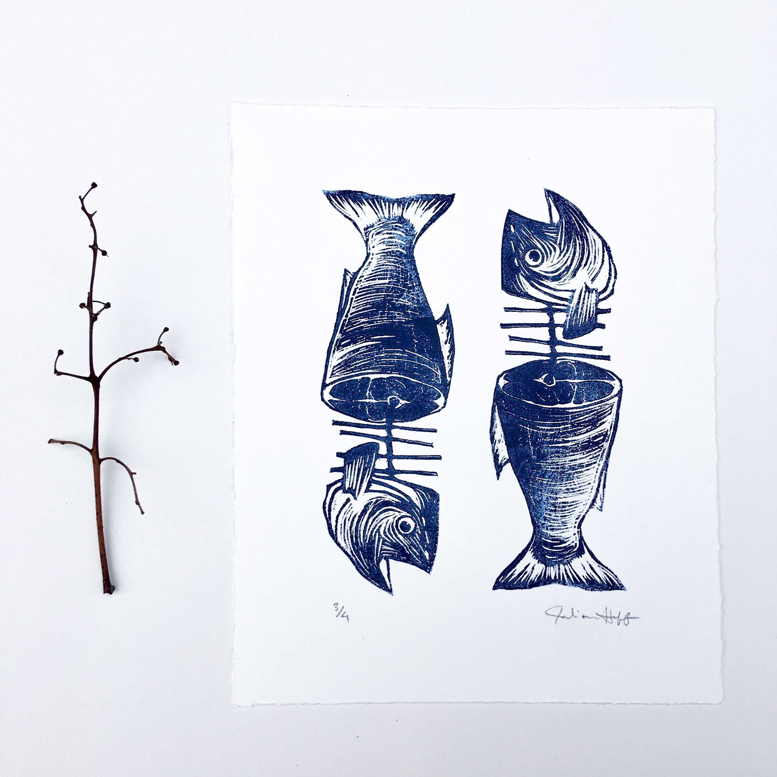 Double Fish Half Skeleton Lino Print - Etsy