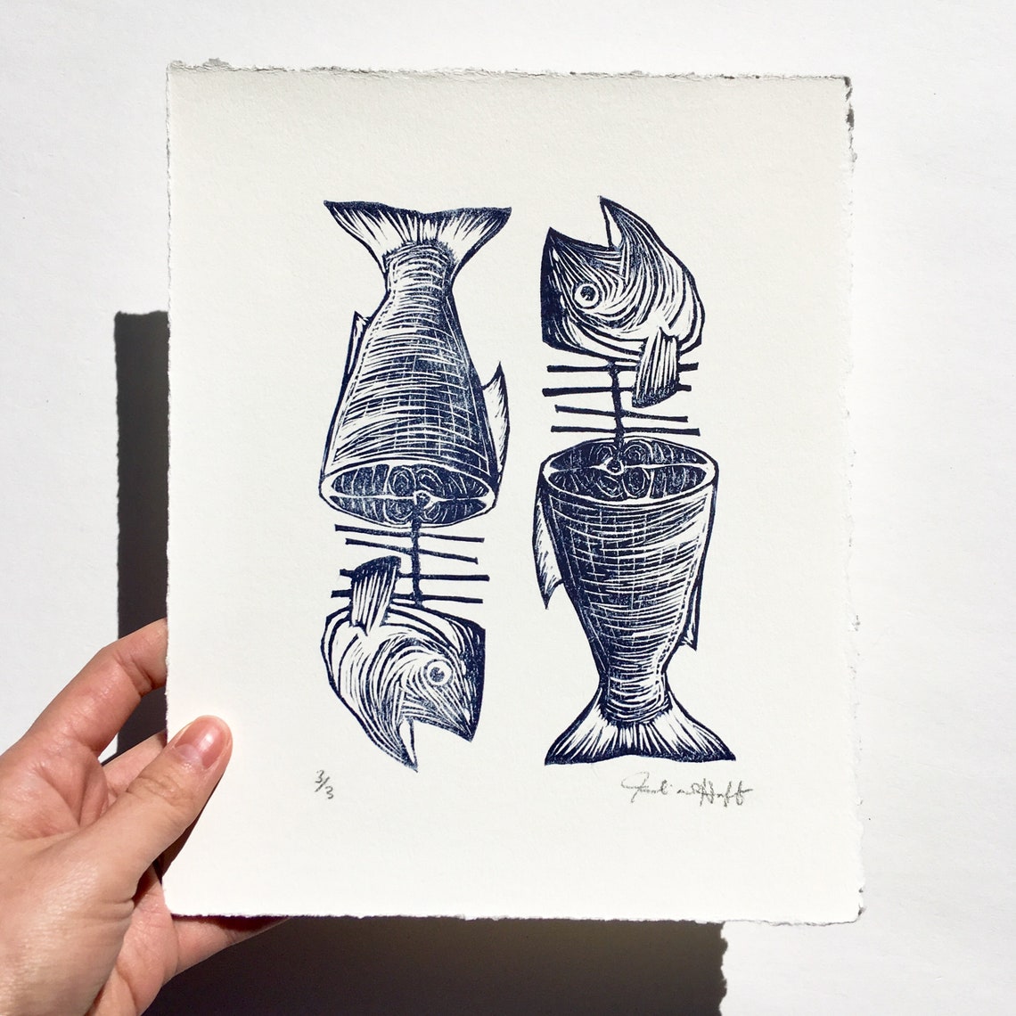 Double Fish Half Skeleton Lino Print - Etsy