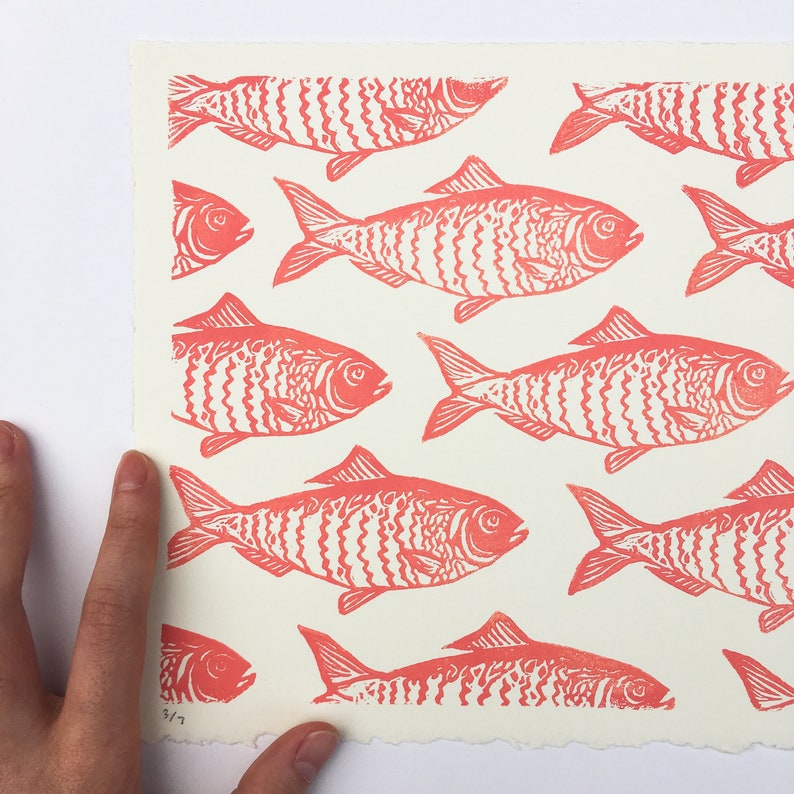 Pink Fish Pattern Lino Print - Etsy