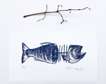 Double Fish Half Skeleton Lino Print - Etsy