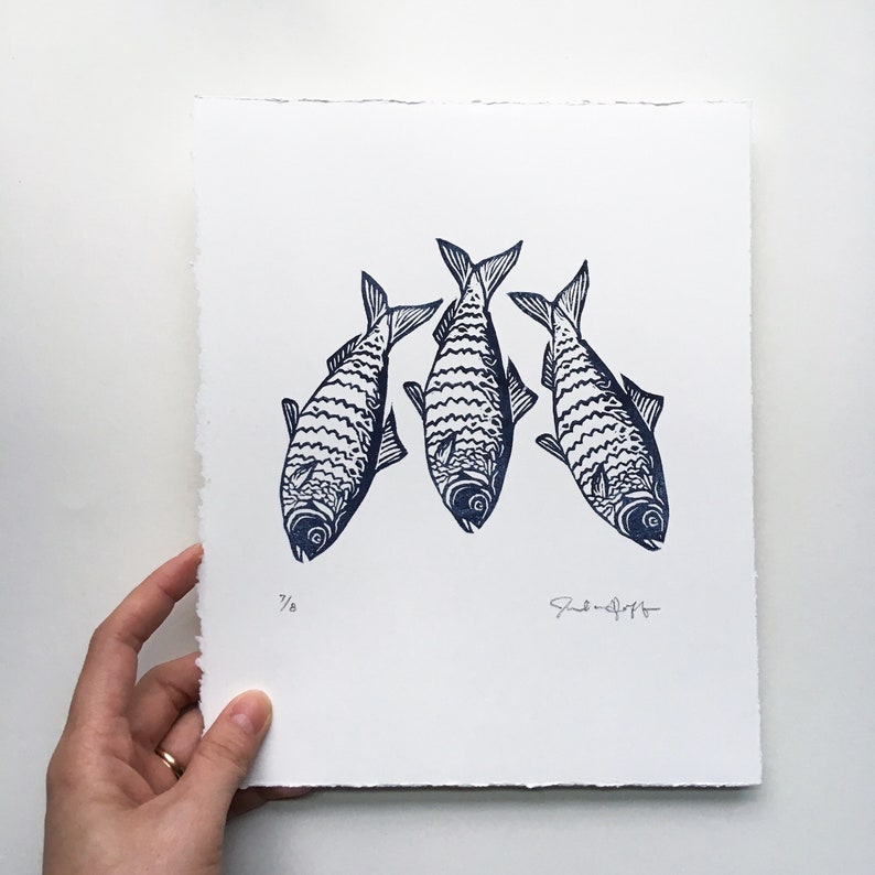 Three Fish Lino Print - Etsy