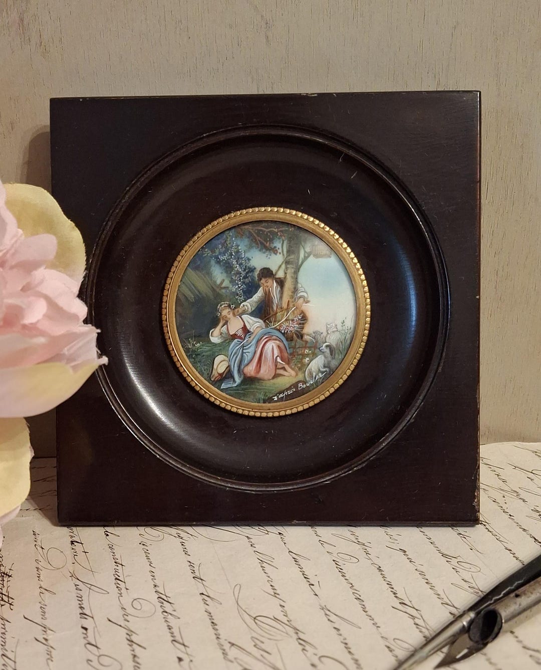 French Vintage Hand Painted Miniature Portrait Painting , Pastoral ...
