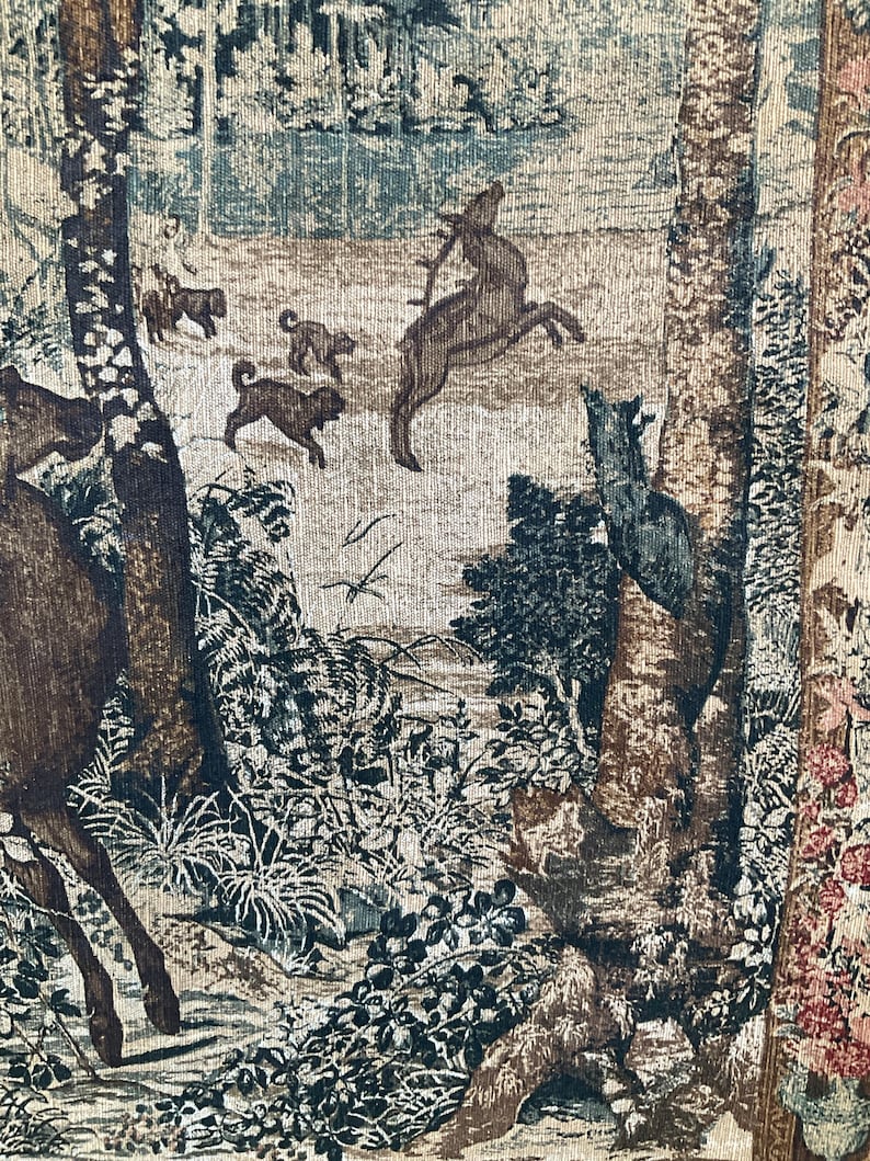 Vintage French Hunting Tapestry: Rustic Woodland Stag Scene, Chasses De ...