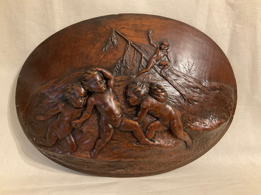 Antique French Carved Wooden Oval Medallion Putti , Monkey Relief ...