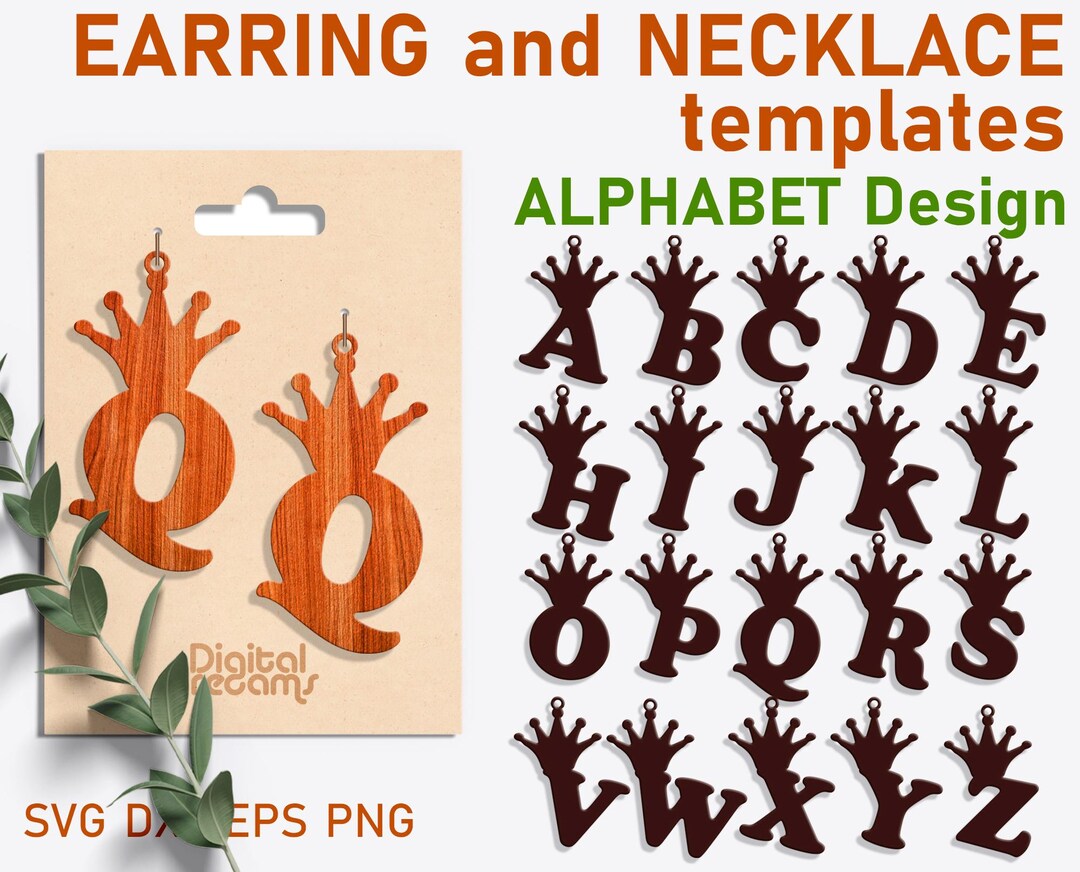 Crown Alphabet Earring Template: Wood Initial Monogram Decorative ...