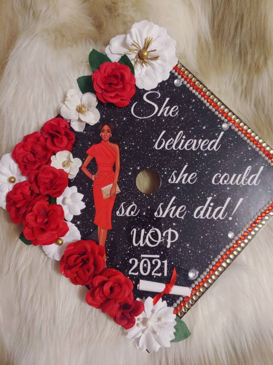 Graduation Cap Topper/ She Believed She Could/handmade/red/ Black/black ...