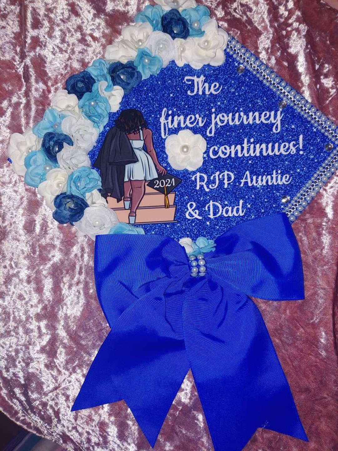 Graduation Cap Topper/ Blue and White Flowers/ Pearls/ - Etsy