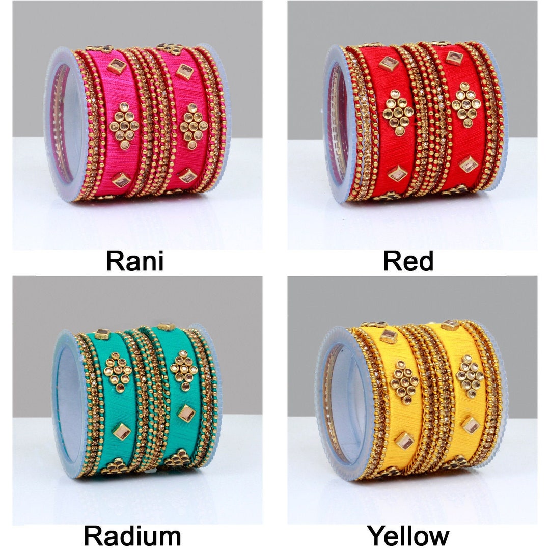 12 Multi Color Golden Bridal Silk Thread Bangles Gift for Her Ethnic ...