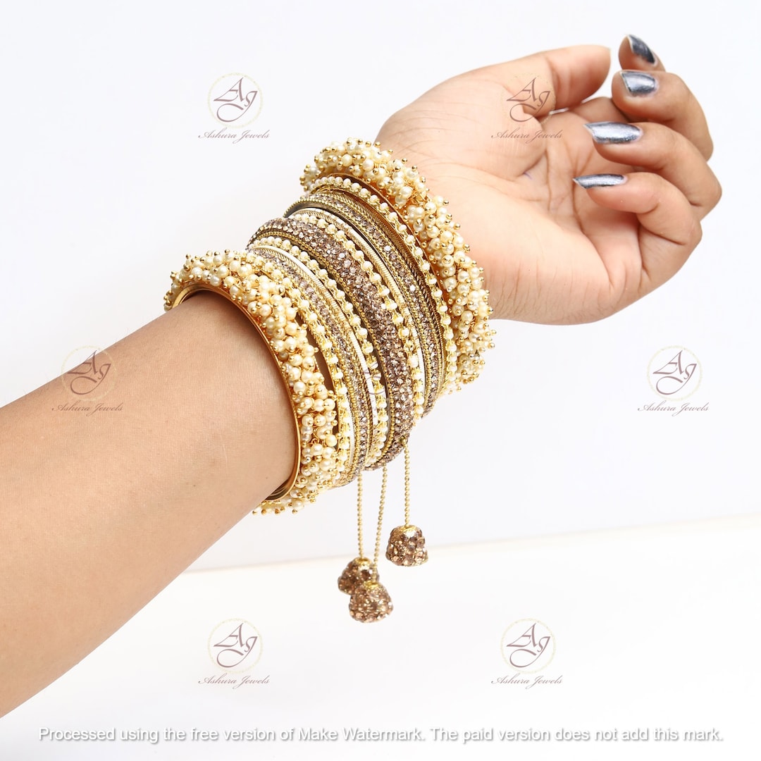 South Indian Bollywood Golden Latken Pearl Beaded Mix Matel Bangle ...
