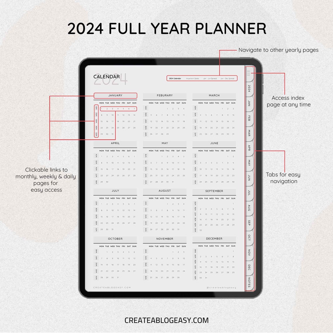 2024 Digital Planner 2024 Portrait Planner 2024 Planner 2024 Dated Planner Hyperlinked Digital ...
