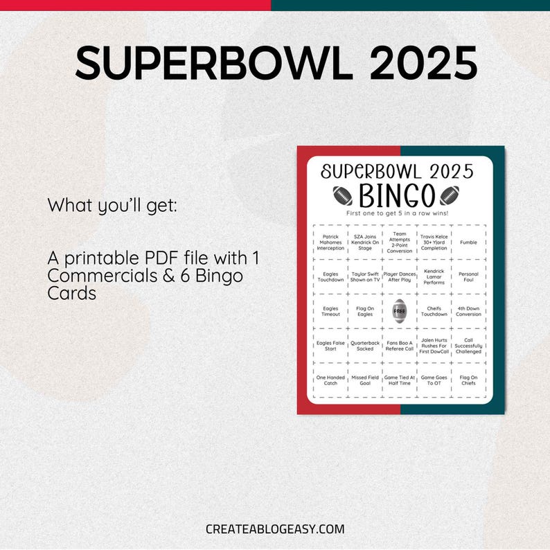 Super Bowl 2025 Bingo | Printable Big Game Party Game | Chiefs Vs ...