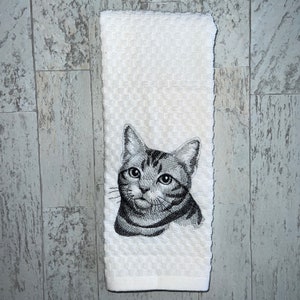 Tabby Tiger Stripe Cat Kitten Sketch Kitchen Towel, Machine Embroidered ...