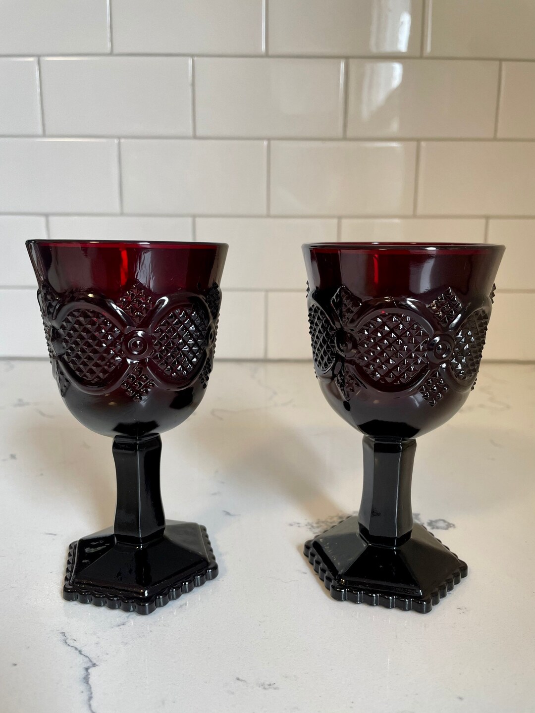 Set of 2 -vintage Avon Cape Cod Ruby Red -goblets Embossed Design ...