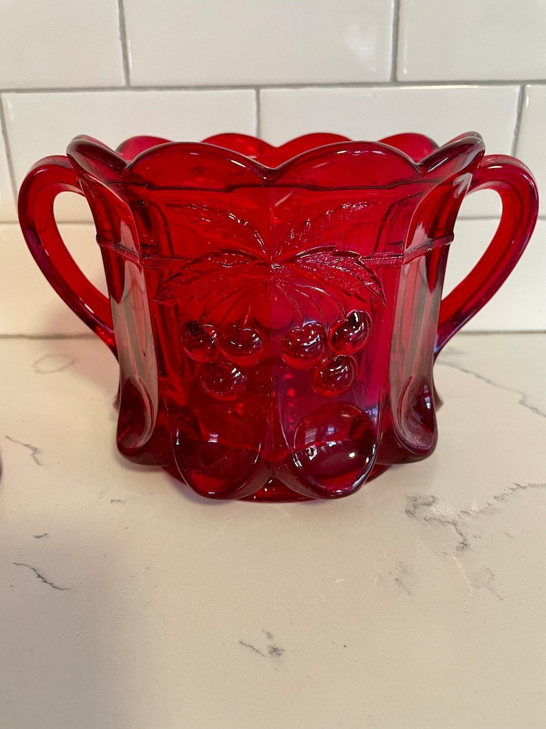 Vintage MOSSER Red Cherry Thumbprint Glass Biscuit Candy Cookie Trinket ...