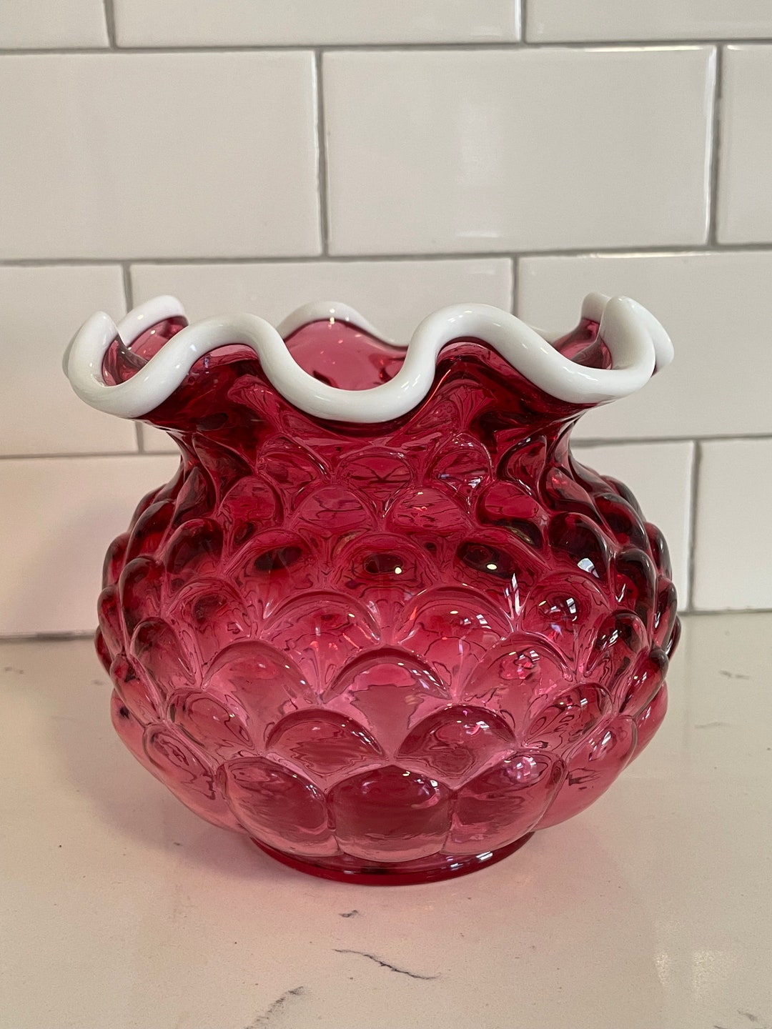 Fenton Art Glass Frank Fenton Cranberry With Milk Crest Jacqueline Vase ...