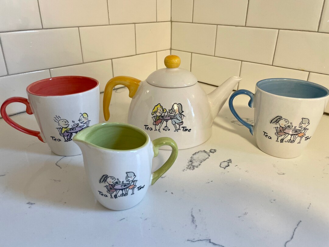 Vintage 2000-table Tops Gallery Tea Time Teapot 2 Mugs and Creamer Set ...