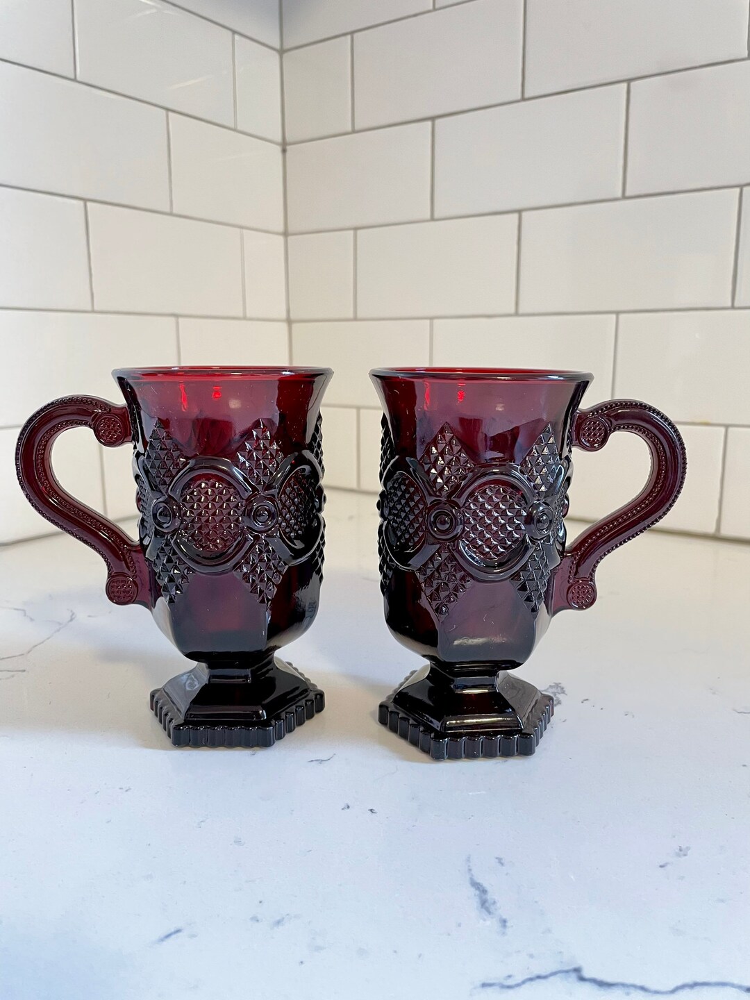 Set of 2 Vintage Avon Cape Cod Ruby Red Footed Irish Mugs Embossed ...