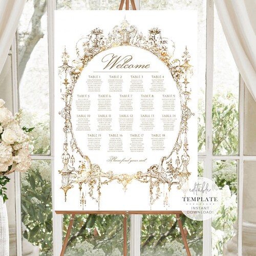 Vintage Royal Wedding Seating Chart Template Fairytale Gold - Etsy