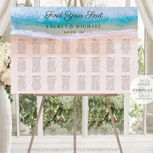 BEACH Wedding Seating Chart Template Printable Table - Etsy