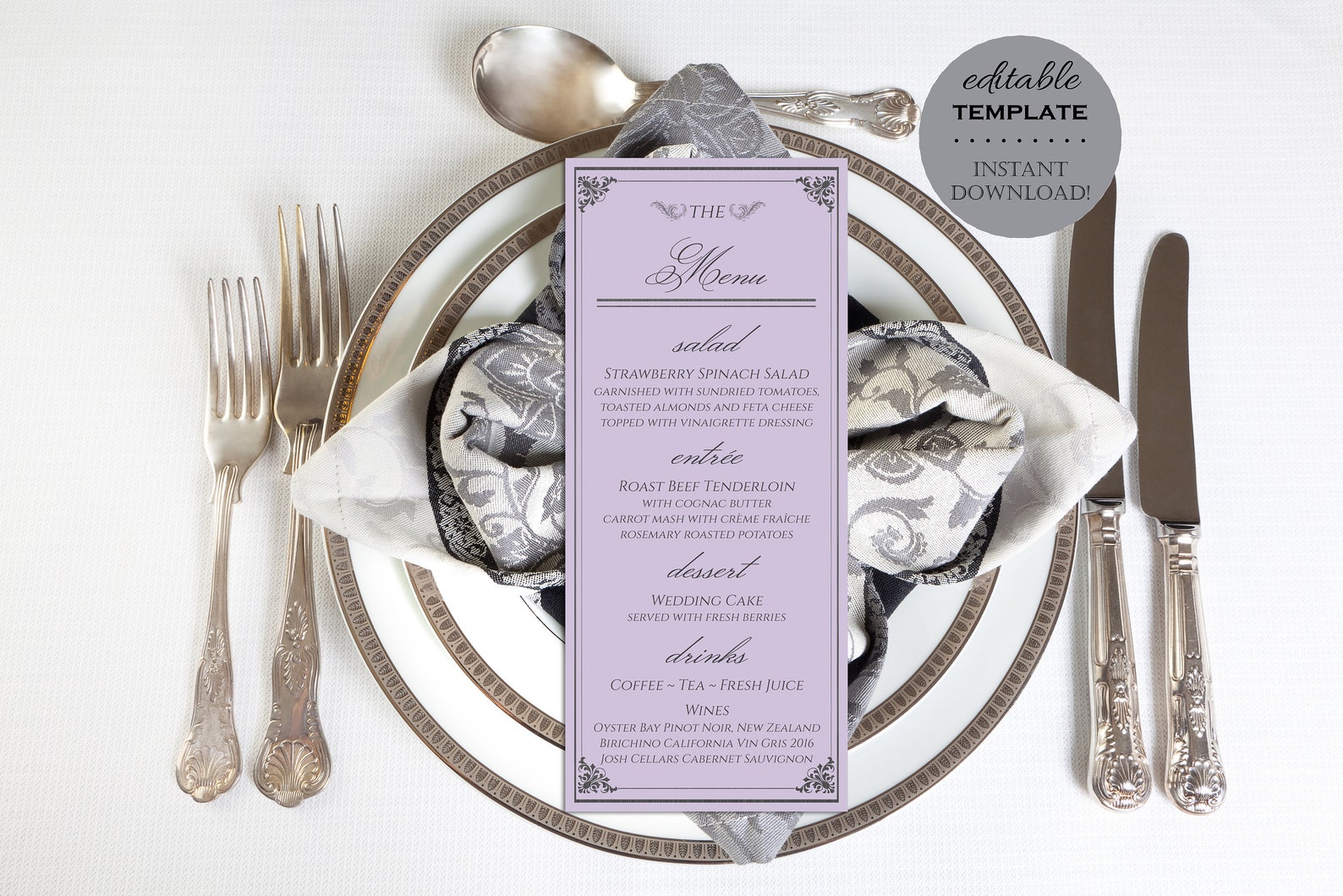 Vintage Wedding Menu Template Elegant Lavender Silver Gray | Etsy