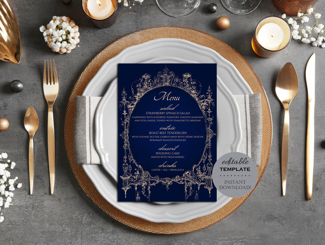 Vintage Royal Wedding Menu Template, Blue Gold 5x7, Antique Editable ...