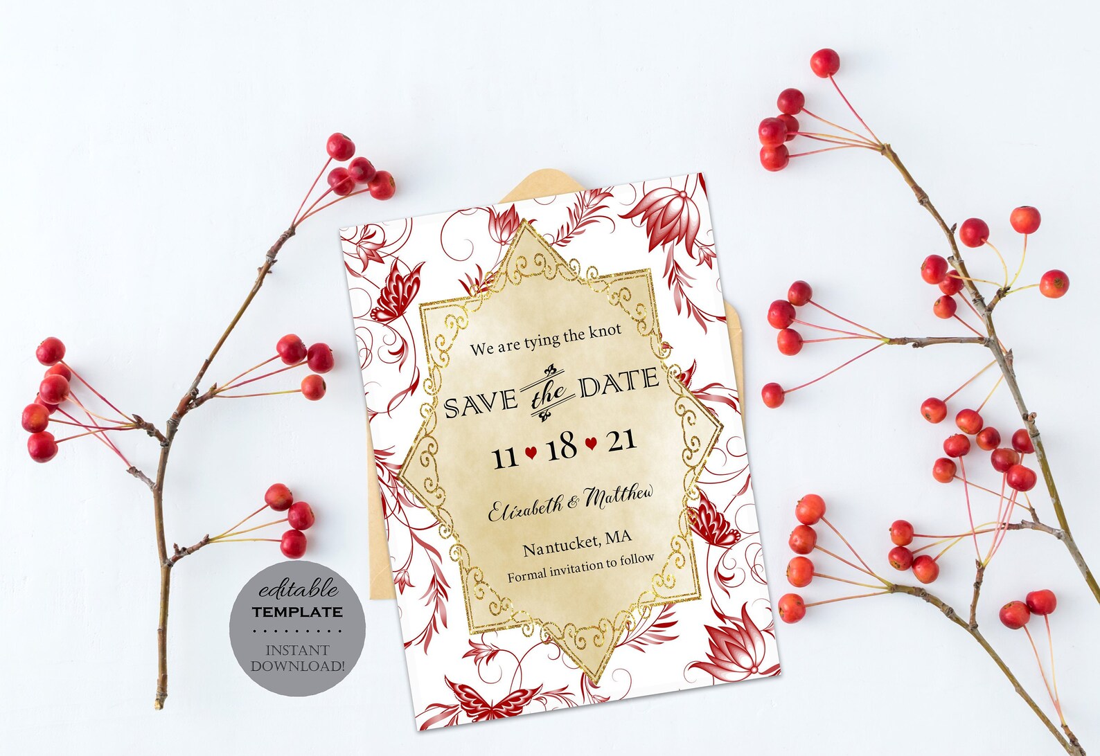 Save the Date Template, Red and Gold Floral, Editable Printable Save ...