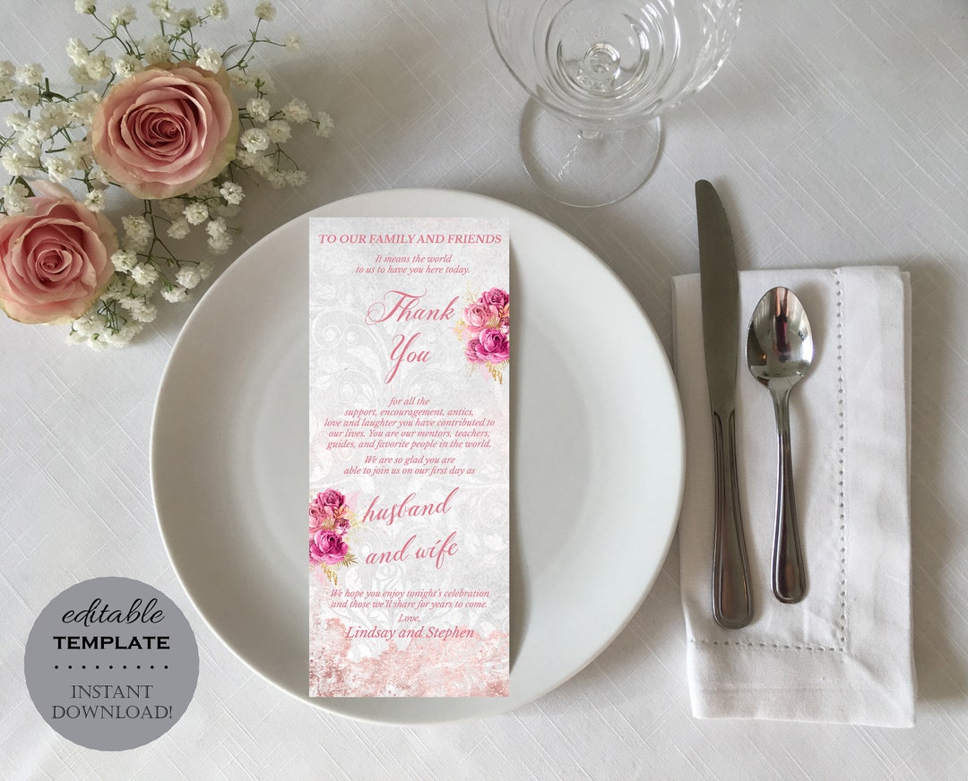 Rose Gold Grunge Wedding Table Setting Thank You Card, Editable ...
