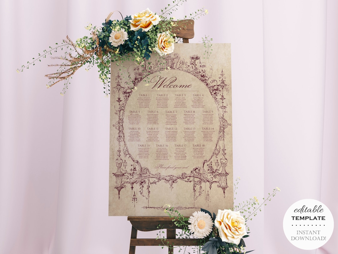 Vintage Wedding Seating Chart, Merlot/burgundy Table Seating Plan ...