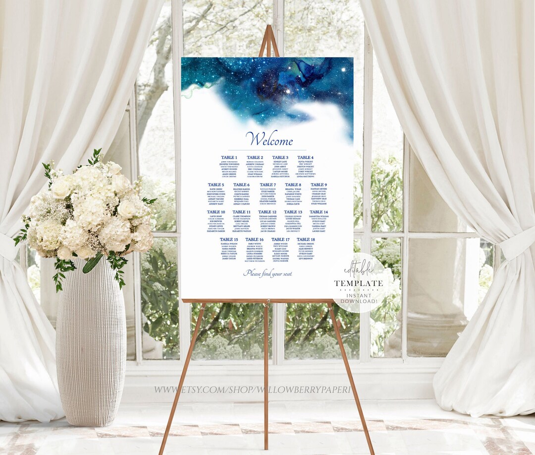 Celestial Wedding Seating Chart, Blue Green Table Seating Plan, Galaxy ...
