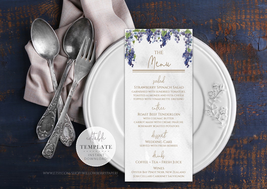 Winery Wedding Menu Template, Vineyard Wedding Menu Place Card, Napa ...