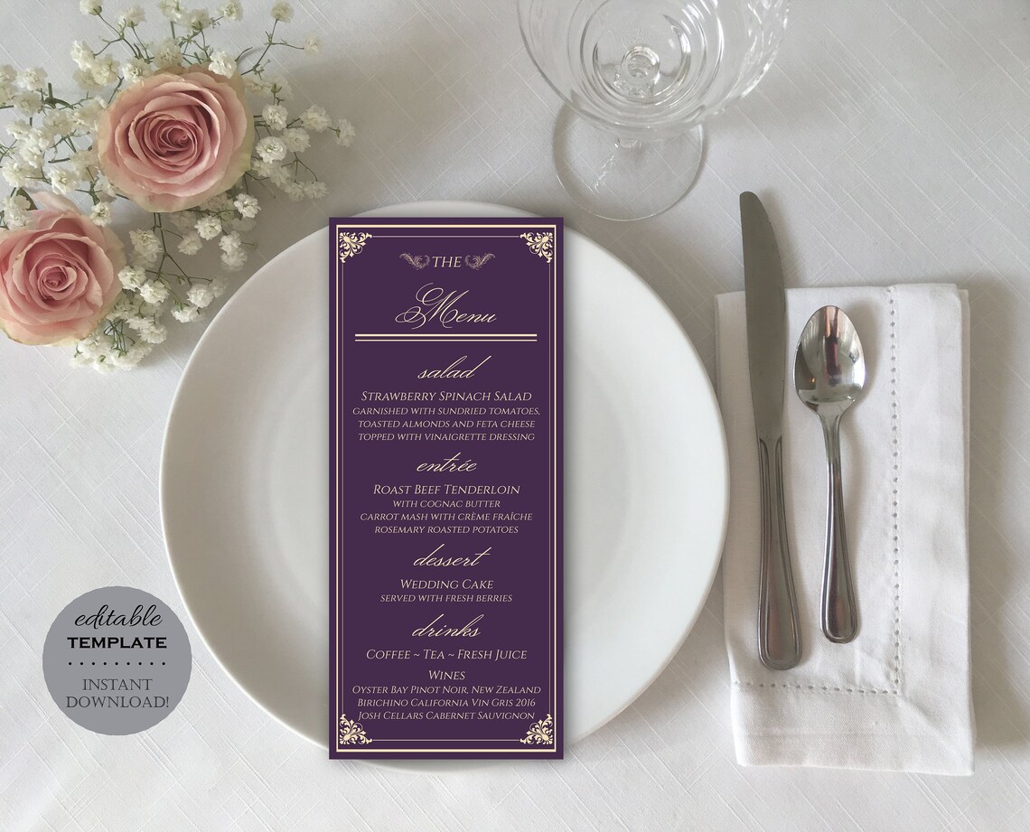 Vintage Wedding Menu Template Elegant Plum Purple Antique - Etsy