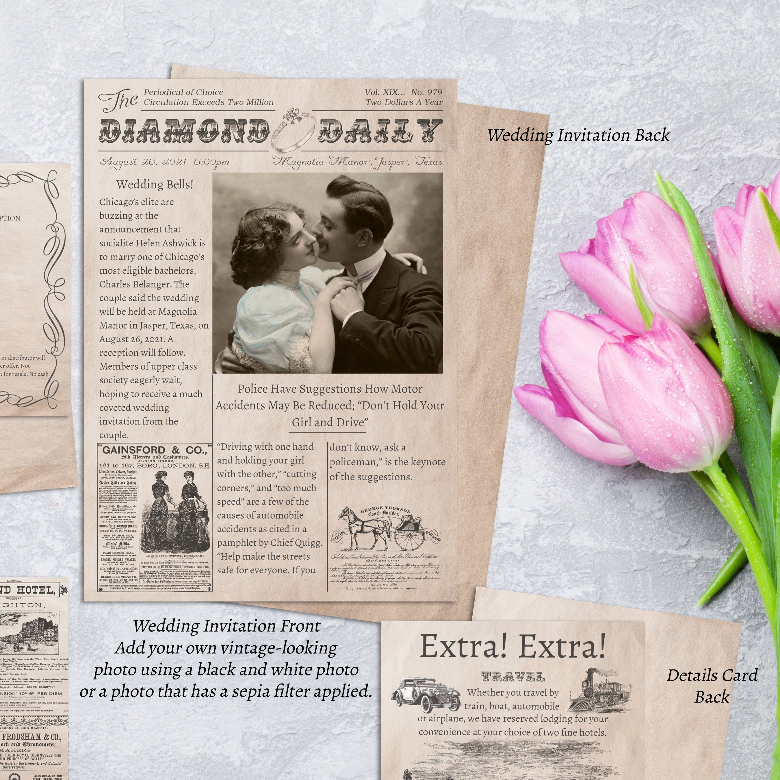 Newspaper Digital Wedding Invitation Suite Vintage Antique | Etsy