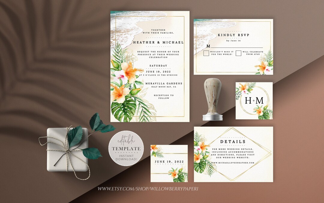 Tropical Beach Wedding Invitation Suite, Destination Wedding, Beach ...
