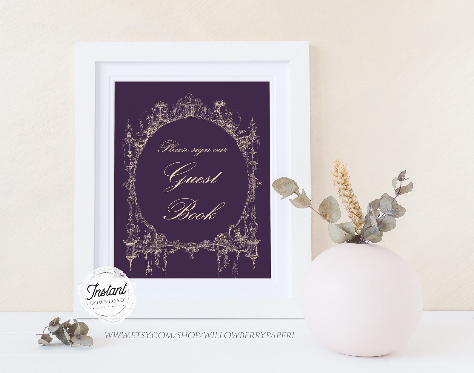 Printable "please Sign Guest Book" Wedding Sign, Vintage Eggplant ...