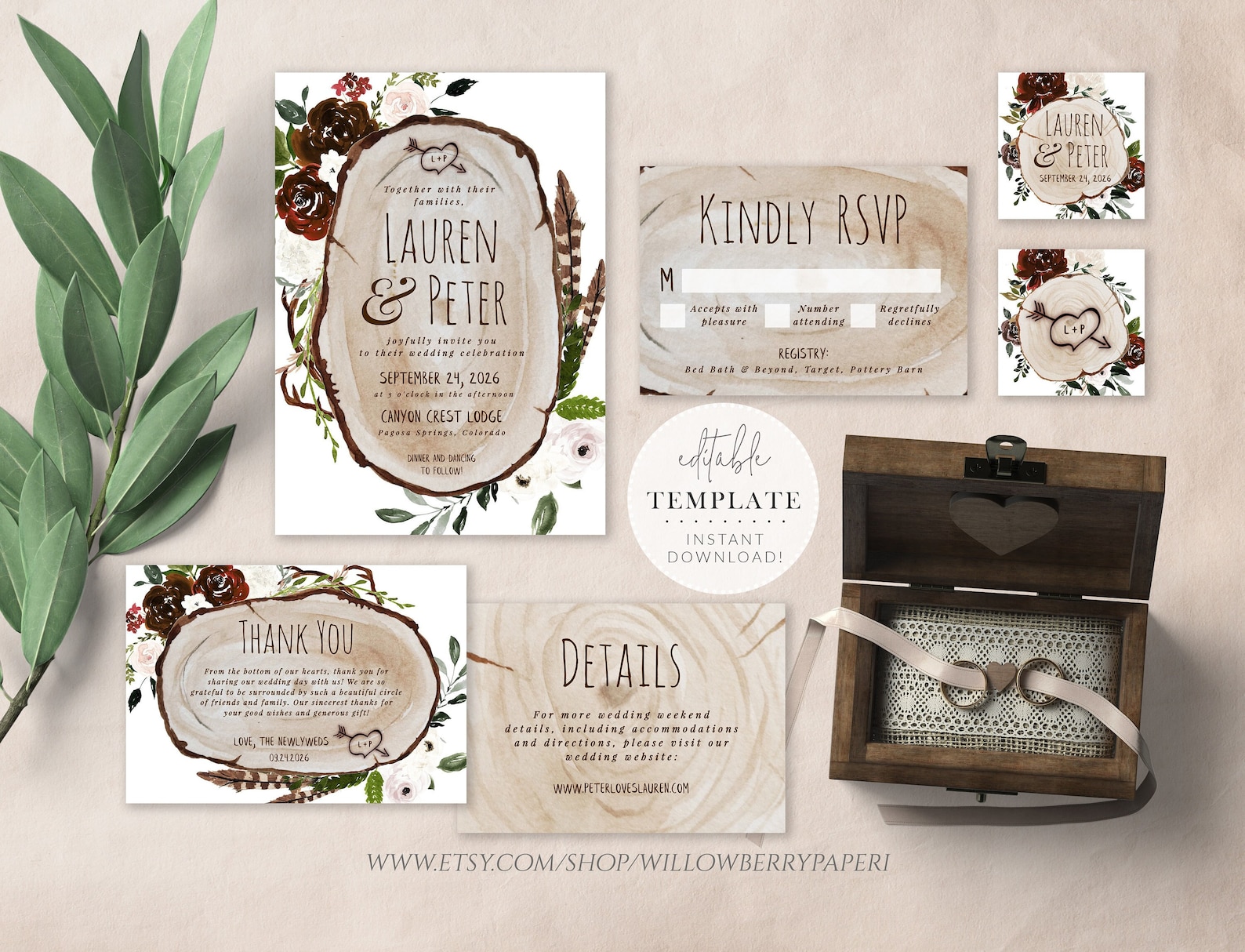 Rustic Wood Wedding Invitation Template Set, Rustic Wedding, Outdoor ...