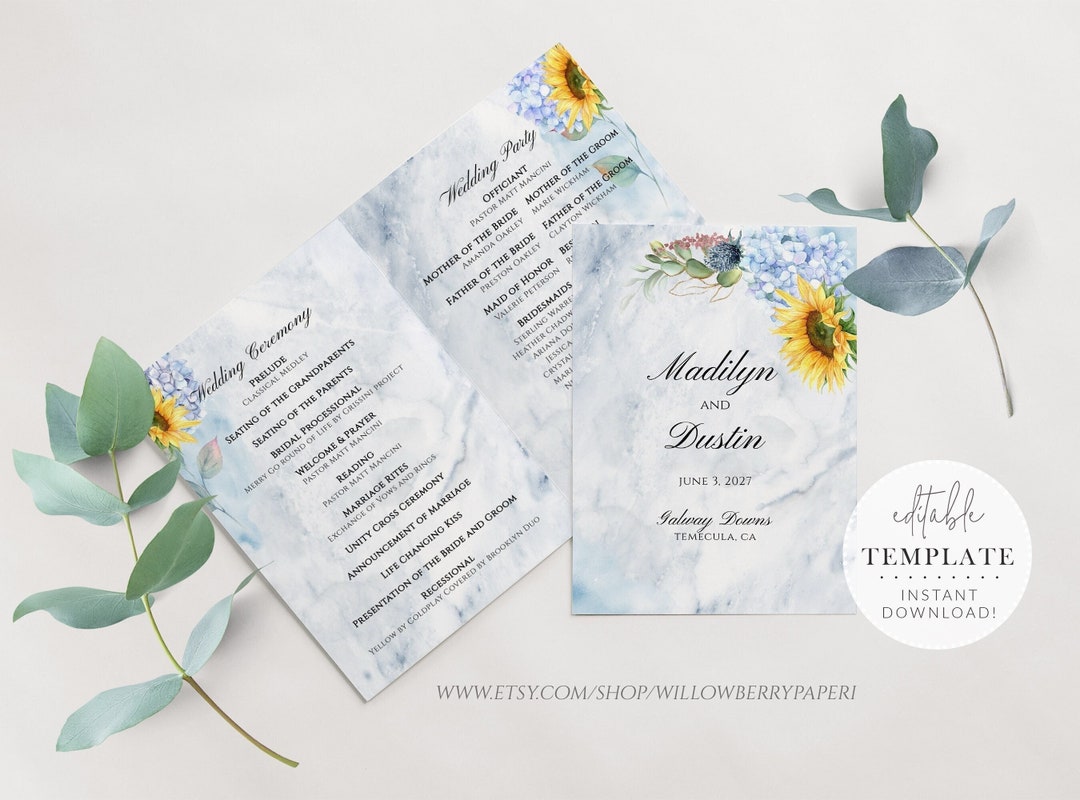 Sunflower Wedding Program Template, Hydrangea Wedding Program Template ...