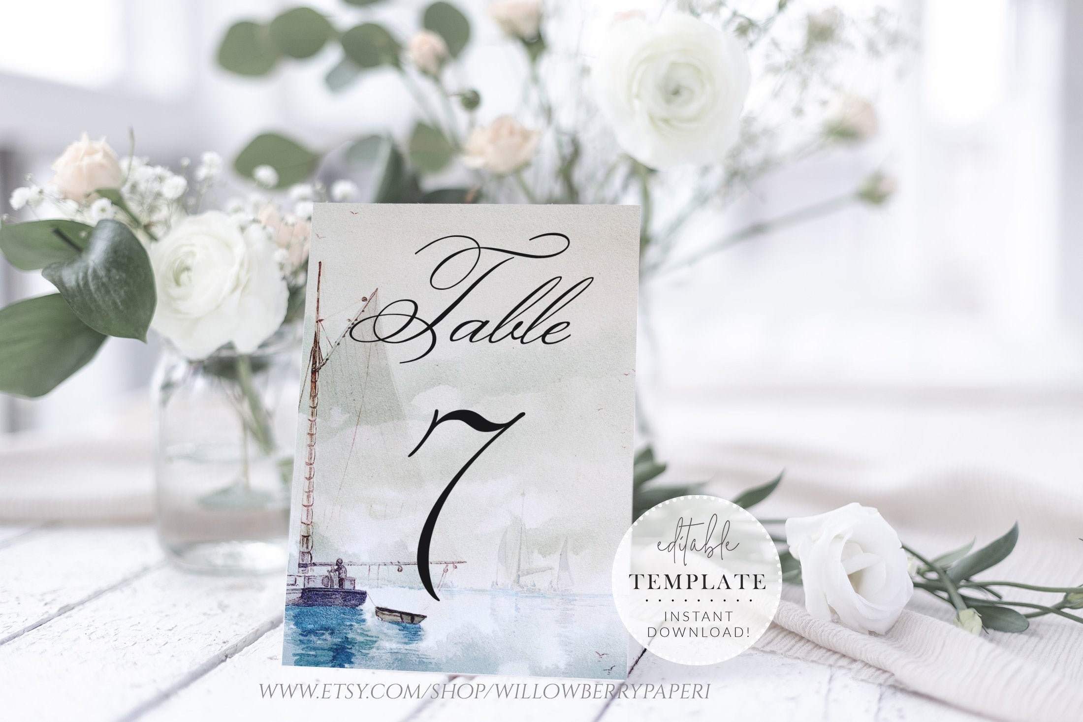 Printable Vintage Nautical Table Numbers, Ocean Wedding, Beach Wedding ...