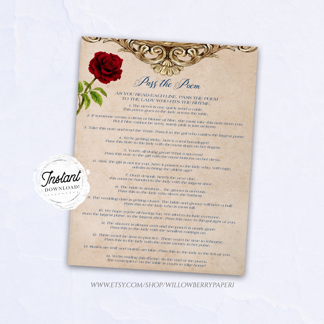 Bridal Shower Game, Pass the Poem Game, Pass the Prize Game, Fairytale ...