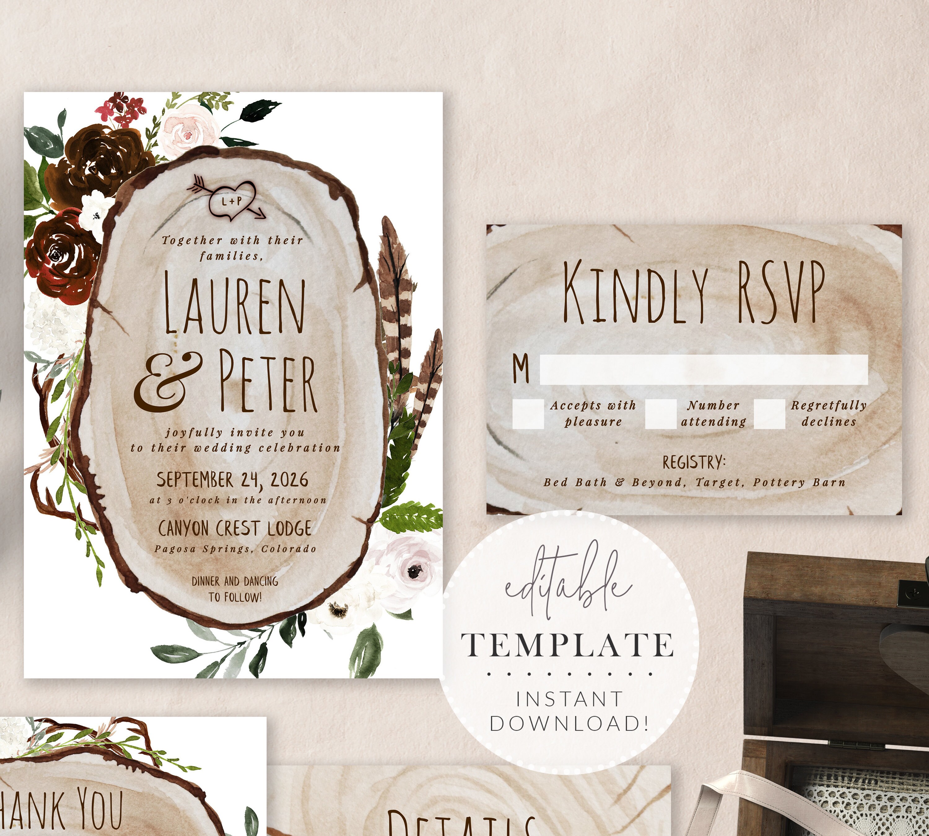 Rustic Wood Wedding Invitation Template Set Rustic Wedding - Etsy
