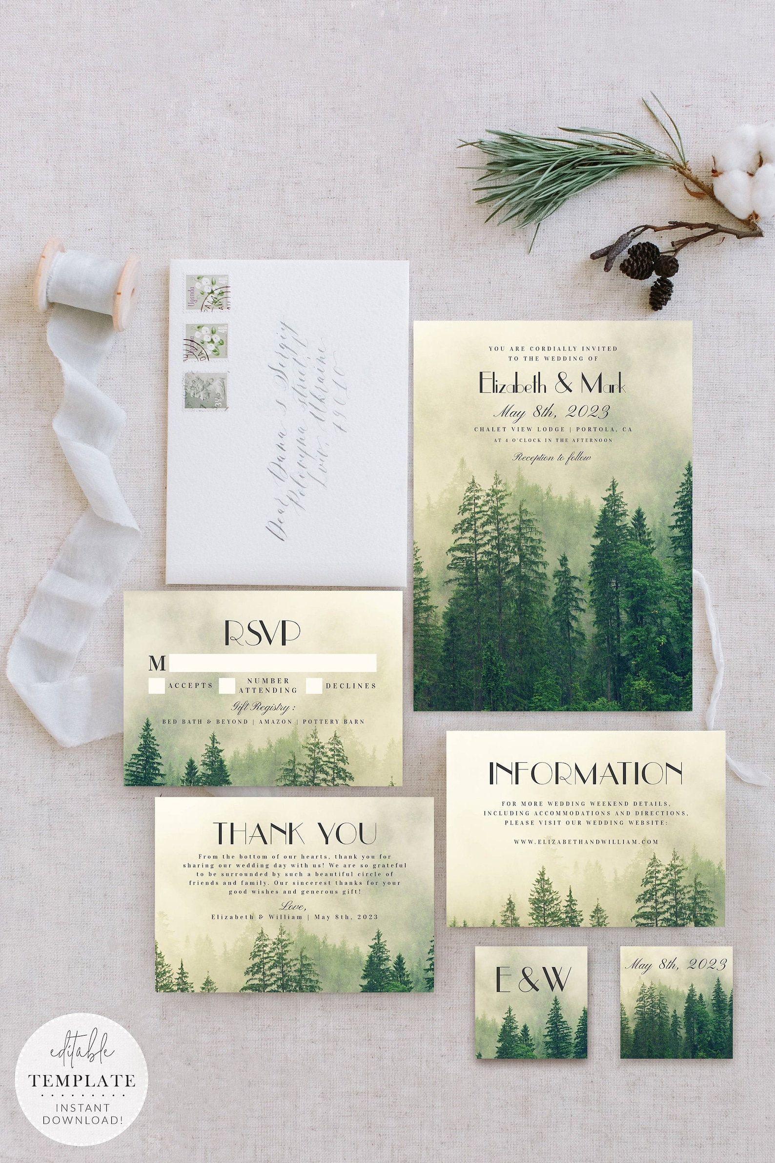 Forest Wedding Invitation Template Set, Tree Wedding Invitation ...