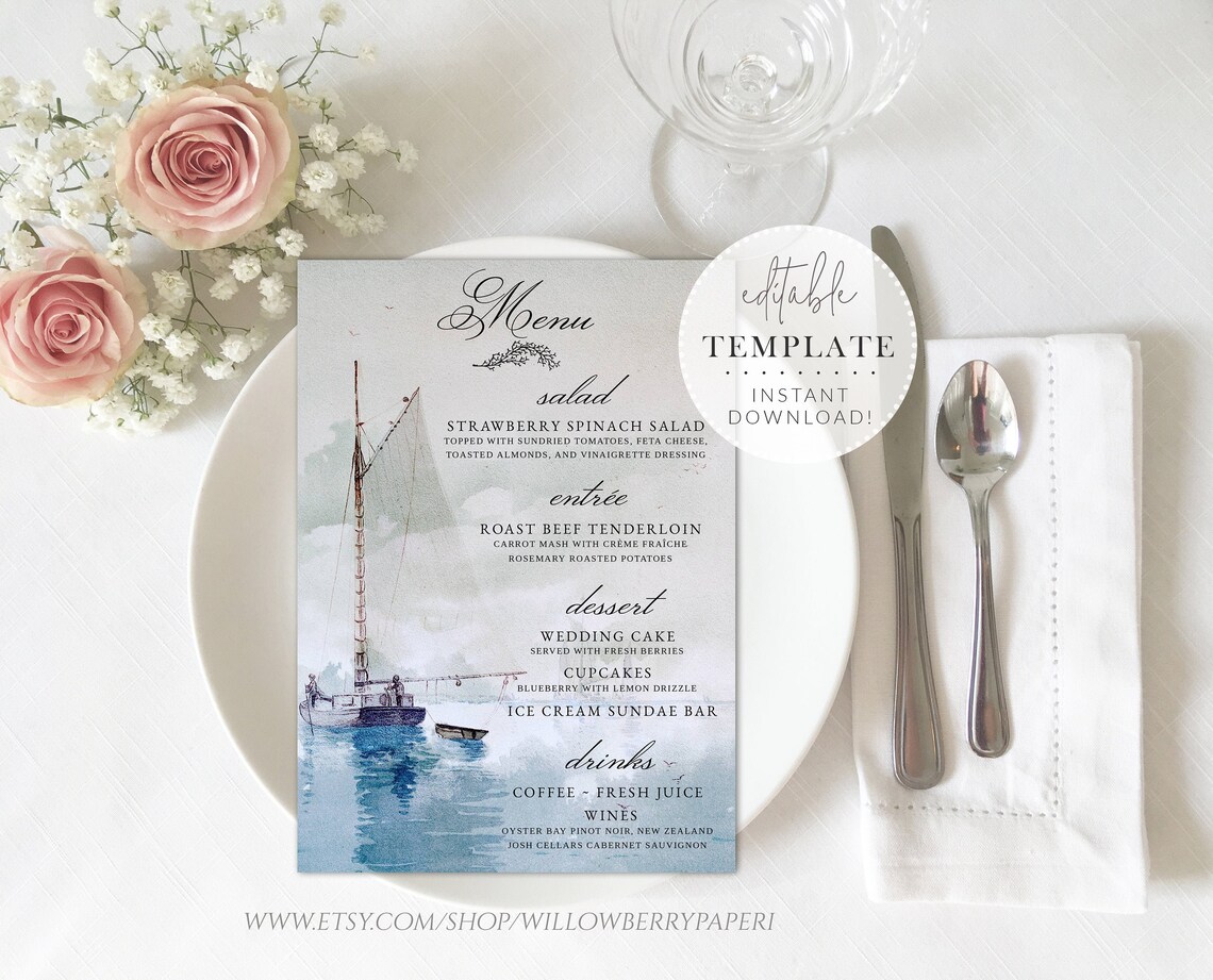 Vintage Nautical Wedding Menu Template Beach Menu Reception - Etsy