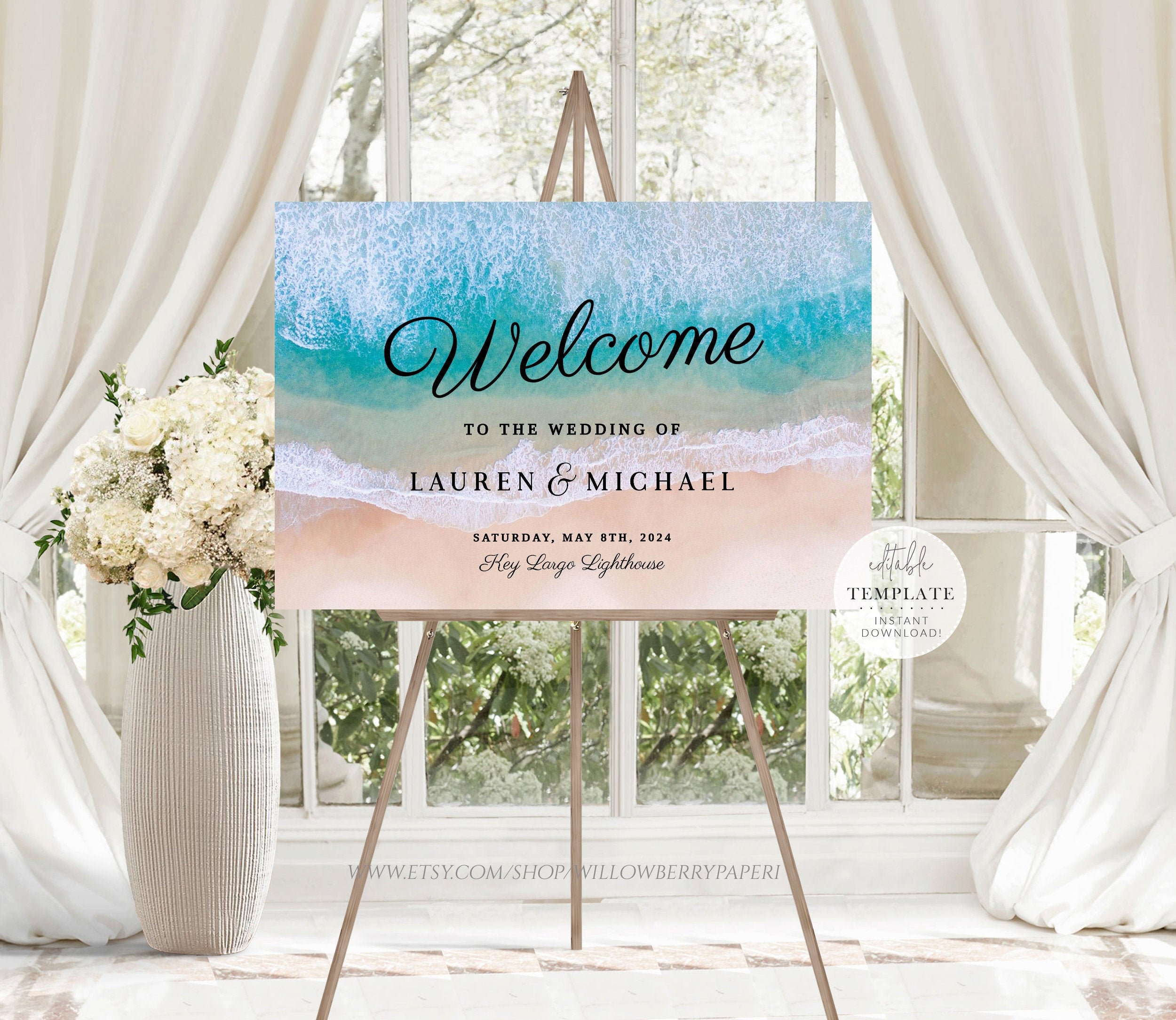 Beach Wedding Welcome Sign, Tropical Wedding, Nautical Wedding, Blue ...
